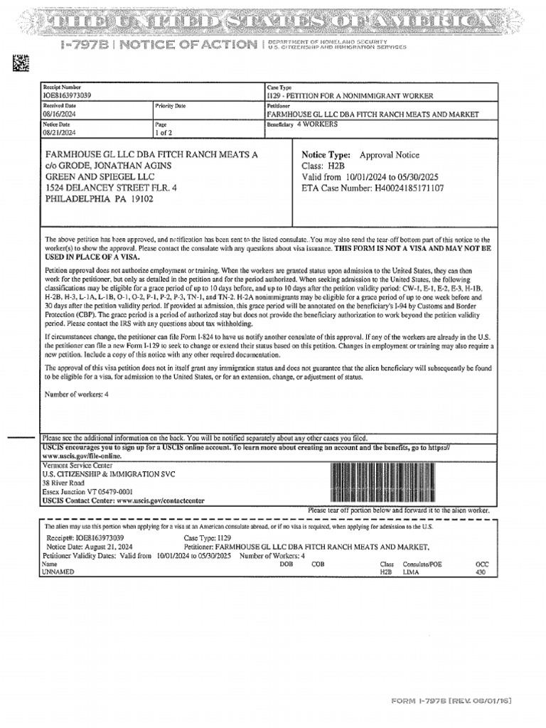 I-129 Approval Notice - Farmhouse GL LLC | PDF