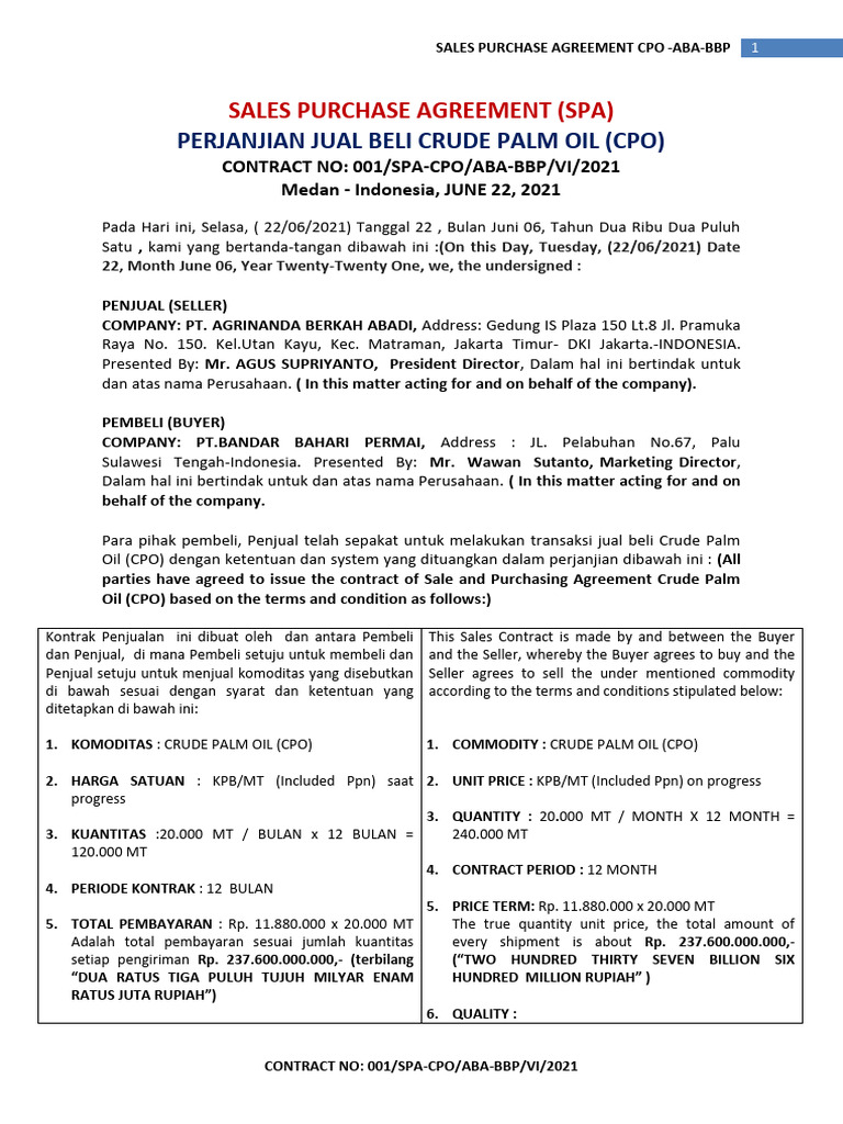 Sales Purchase Agreement Aba-Bpp 24062021 | PDF