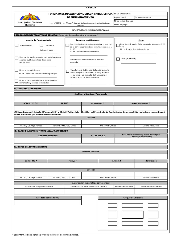 Formato de Declaración Jurada para Licencia de Funcionamiento (Anexo 1) PDF | PDF