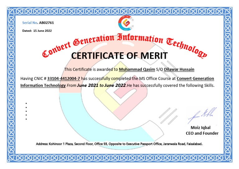 MS Office Course Completion Certificate | PDF | Career & Growth | Business