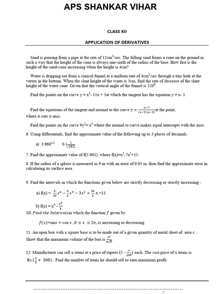 Class 12 Worksheet Application of Derivative | PDF | Area | Teaching ...