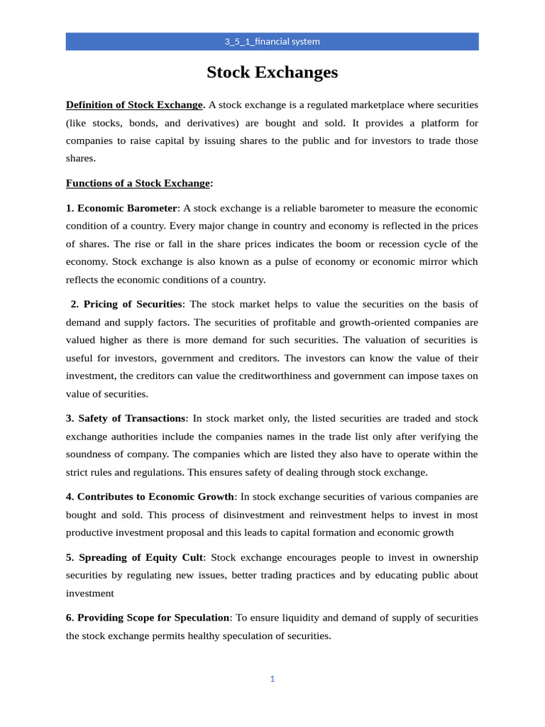 Stock Exchanges: Definition of Stock Exchange | PDF