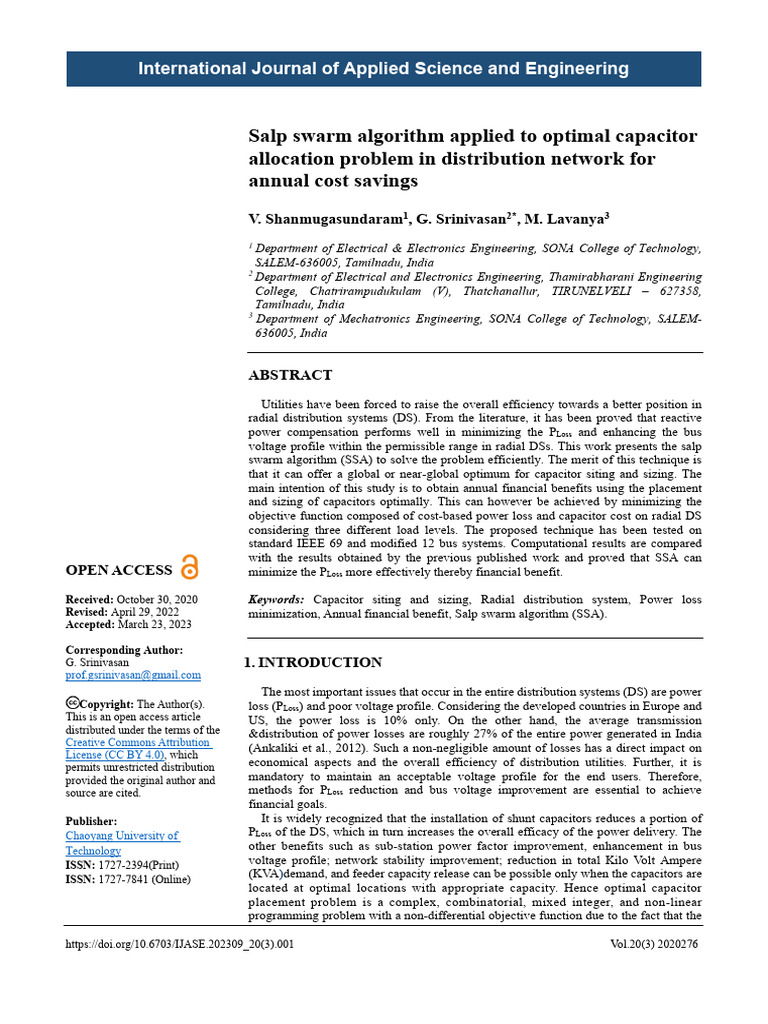 Salp Swarm Algorithm Applied To Optimal Capacitor Allocation Problem in Distribution Network For ...