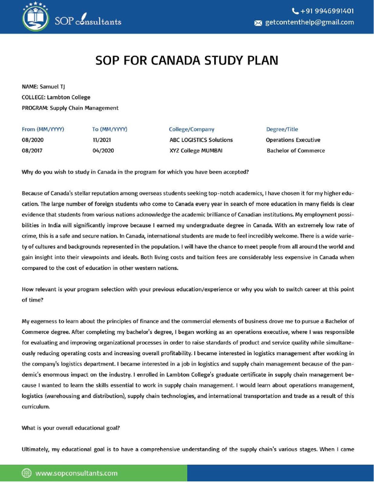 Sample SOP For Canada Study Plan | PDF