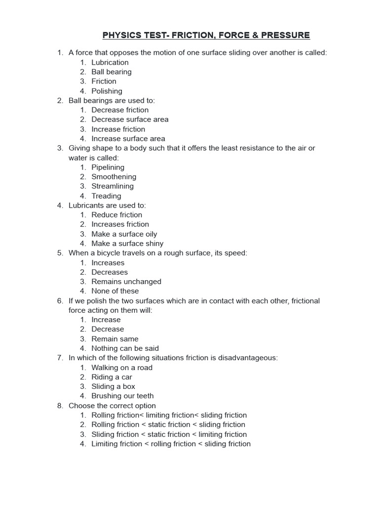 Physics Test - Friction, Force & Pressure | PDF