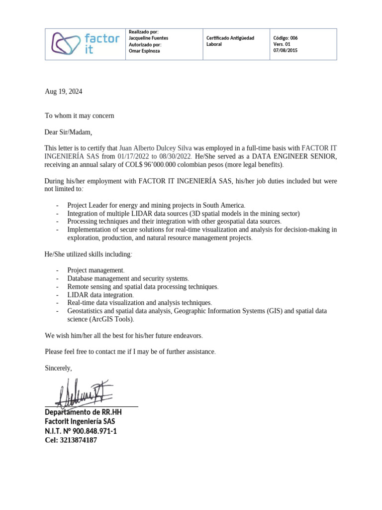 Work Experience Template Letter English | PDF