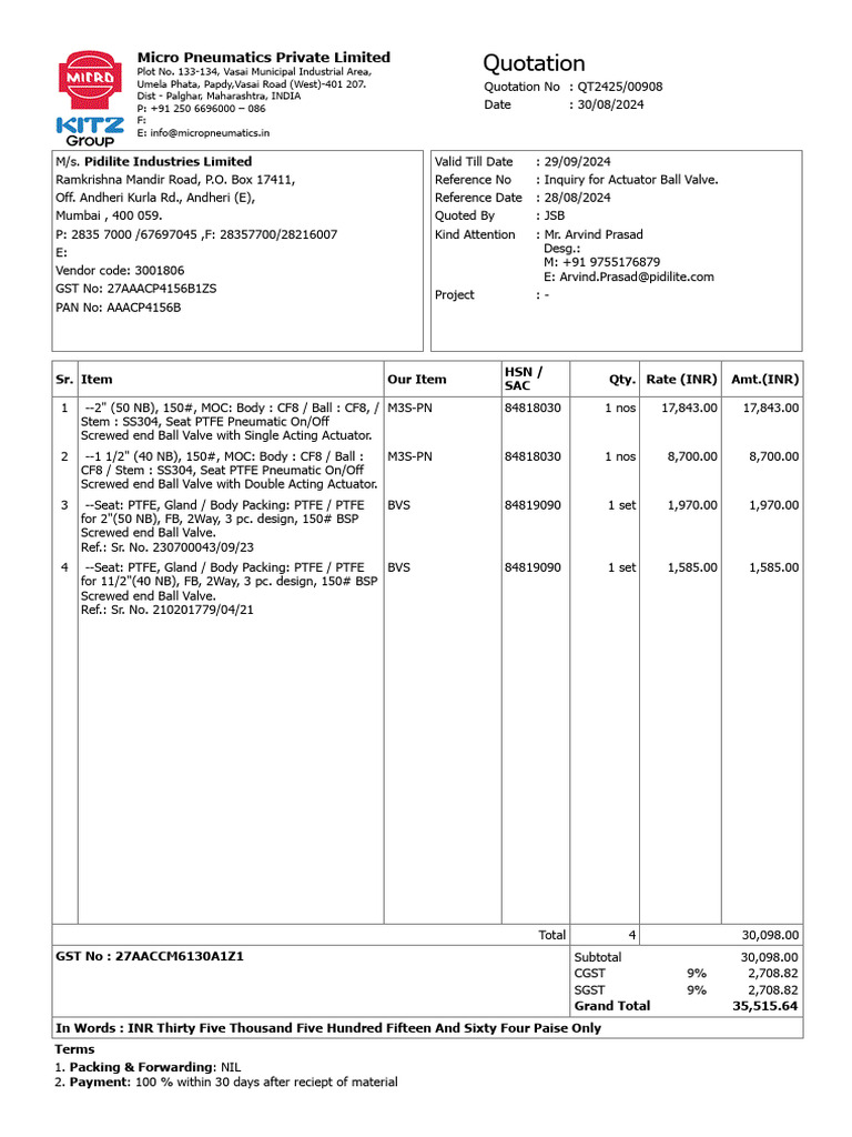 Pidilite Industries Quotation QT2425-00908 | PDF