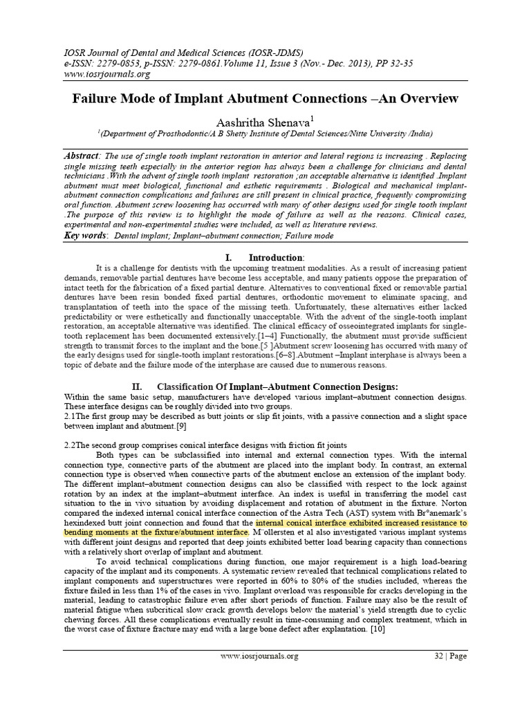 Failure Mode of Implant-Abutment Connections - 2013 | PDF
