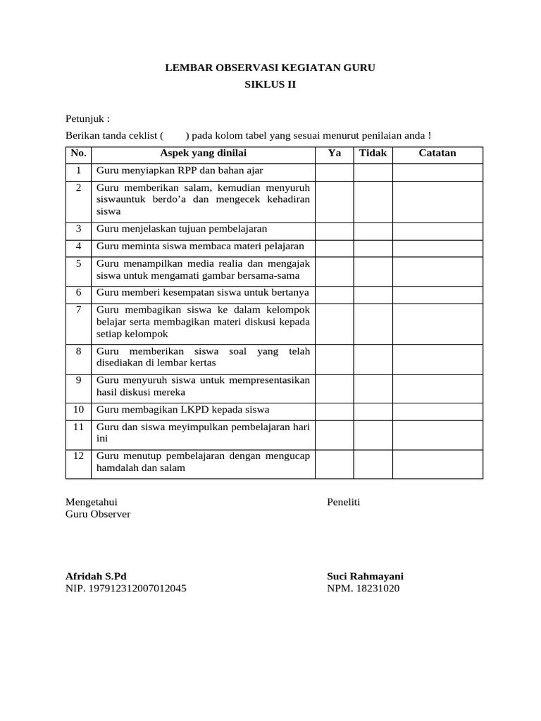 Lembar Observasi Kegiatan Guru | PDF