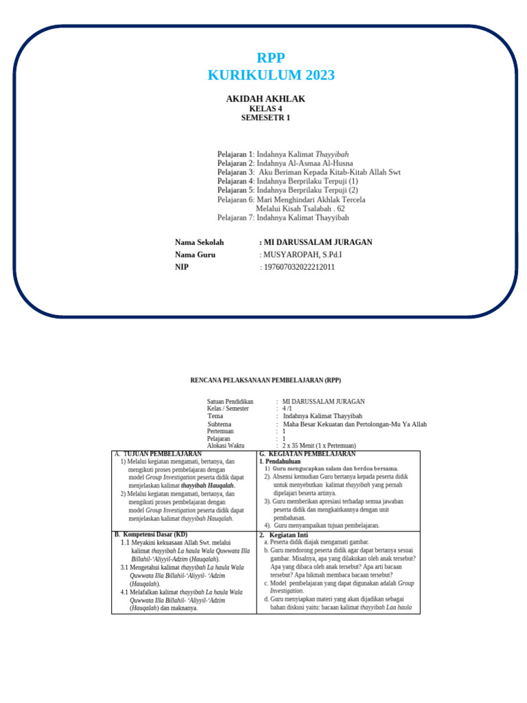 RPP Akidah Akhlak Kelas 4 Semester 1 Pelajaran 1 1 | PDF