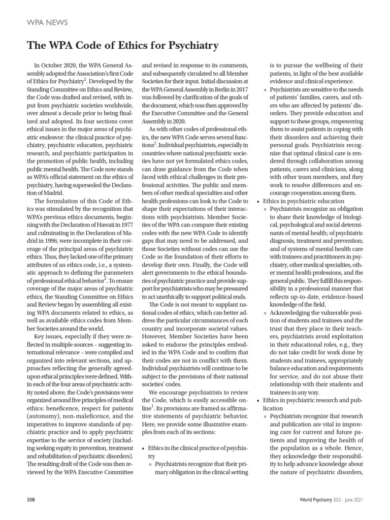World Psychiatry - 2021 - Appelbaum - The WPA Code of Ethics For ...