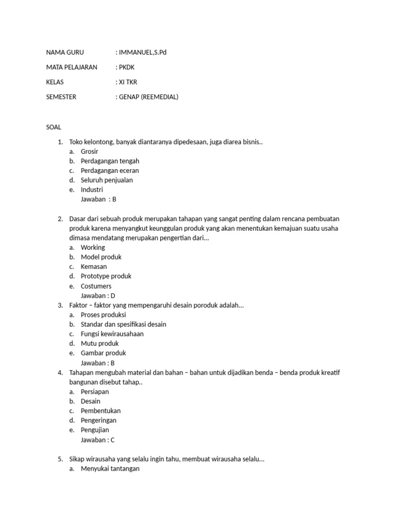 Soal REMEDIAL PKDK SEMESTER GENAP Kelas XI TKR TKR 2024 PG | PDF