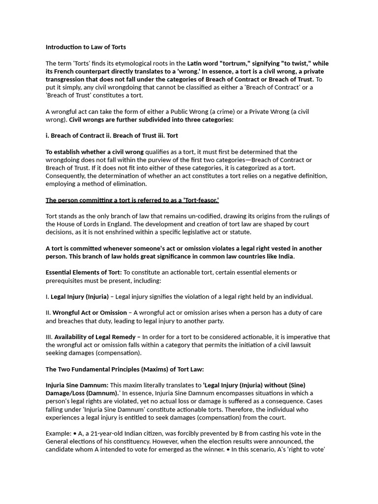 Introduction To Law of Torts | PDF | Tort | Law