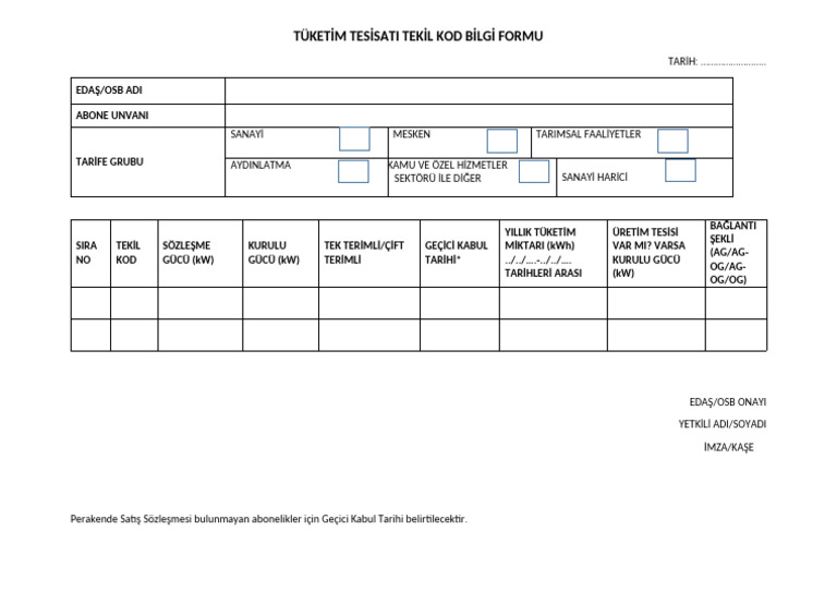 Tüketim Tesisatı Tekil Kod Beyan Formu | PDF