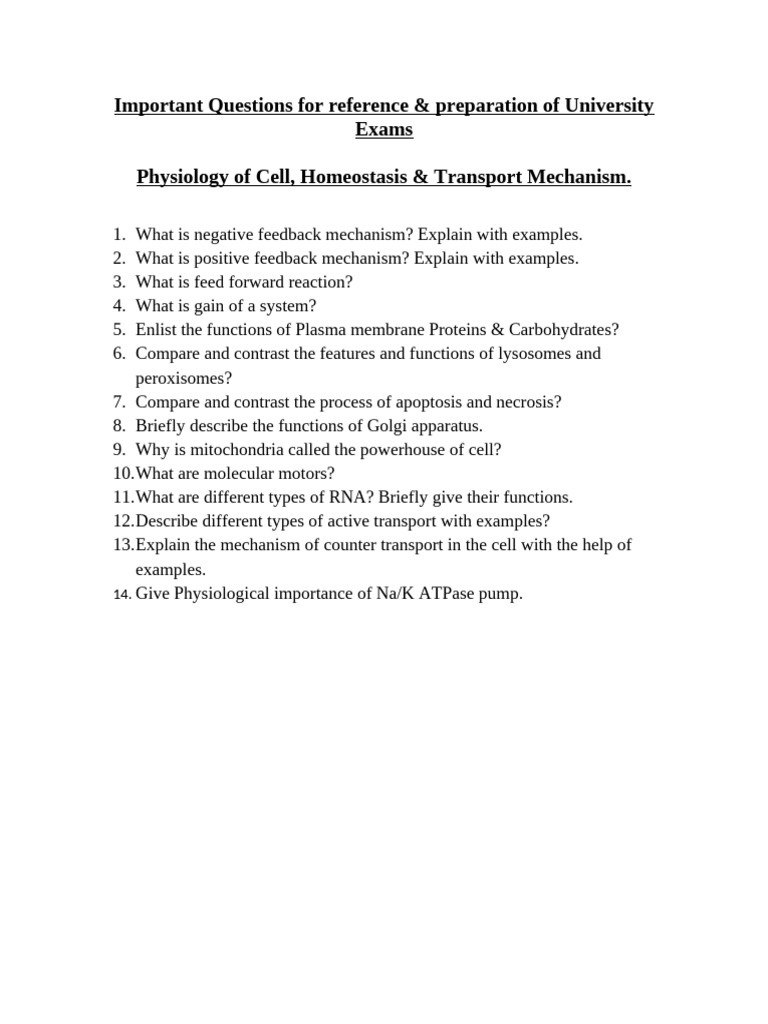 LIst of Important Questions Cell, Homeostasis& Transport | PDF
