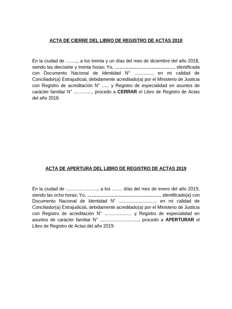 ACTA CIERRE Y APERTURA - LIBRO DE REGISTRO DE ACTAS | PDF