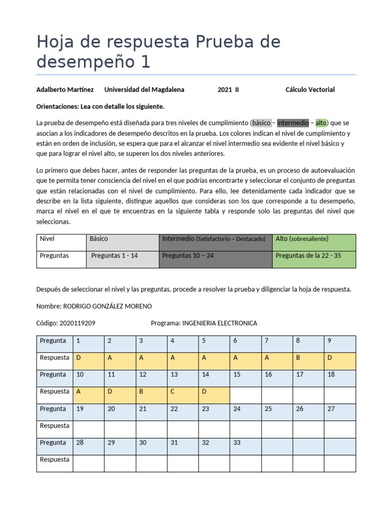 Hoja de respuesta Prueba de desempeño 1 | PDF