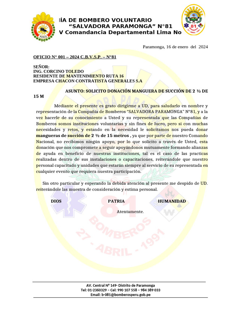 Oficio #001 Solicito Donacion de Mangueras de 2 De15 Metros | PDF