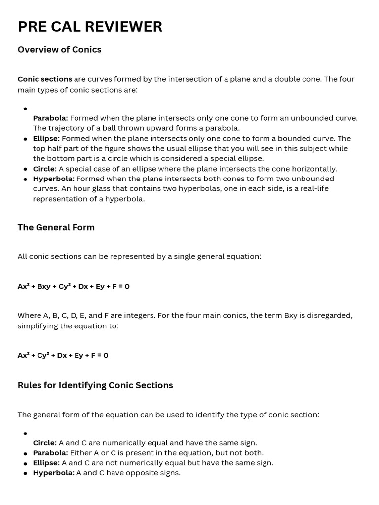 Pre Cal Reviewer | PDF | Ellipse | Art