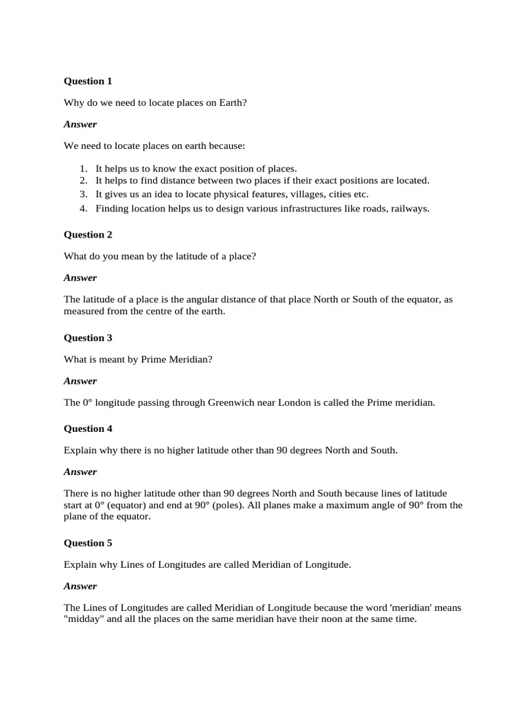 Latitudes and Longtitude Answers Geography Class 9 | PDF