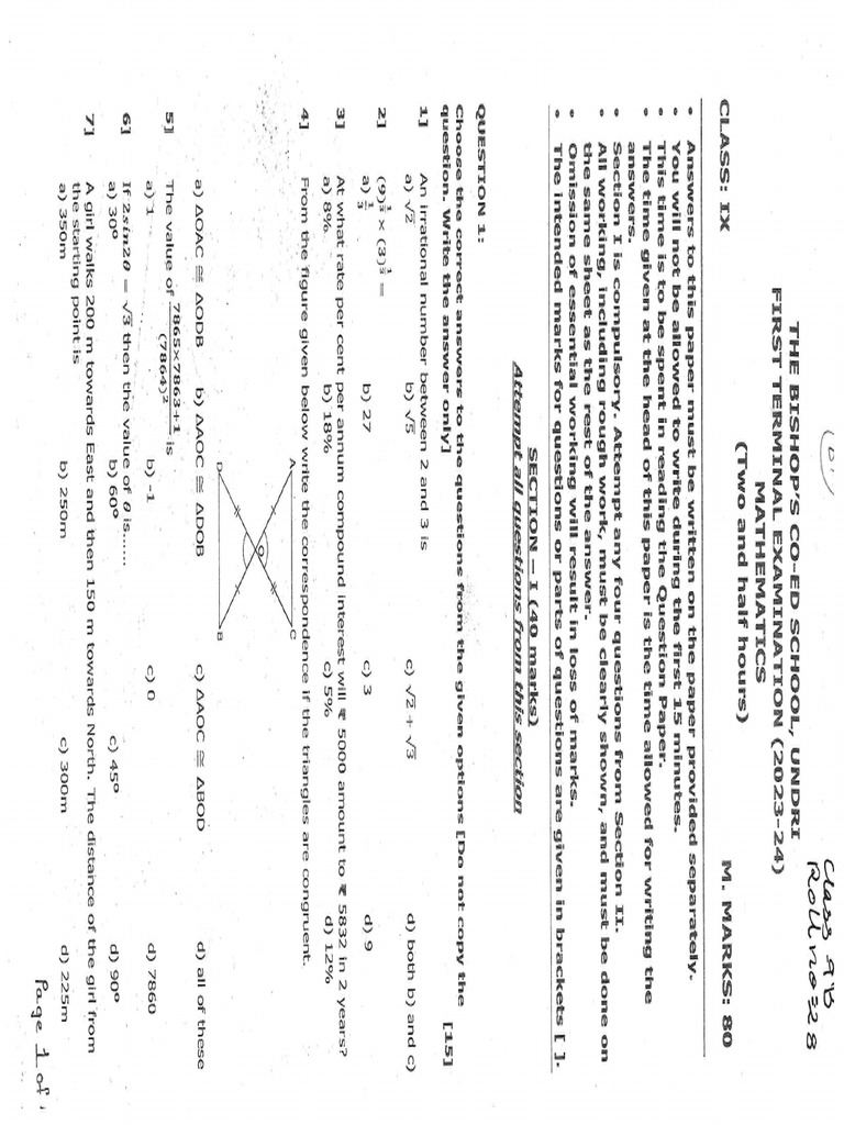 FIRST TERMINAL EXAM MATH-SECTION -I | PDF