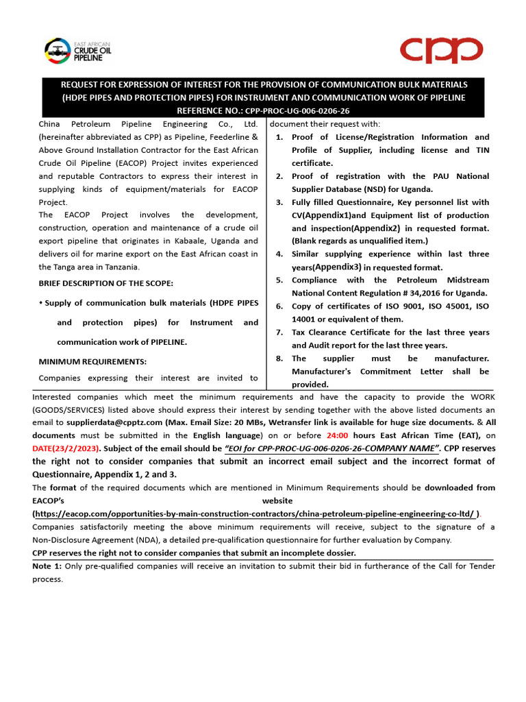 CPP PROC UG 006 0206 26 EOI Communication Bulk Materials For Instrument and Communication Work ...