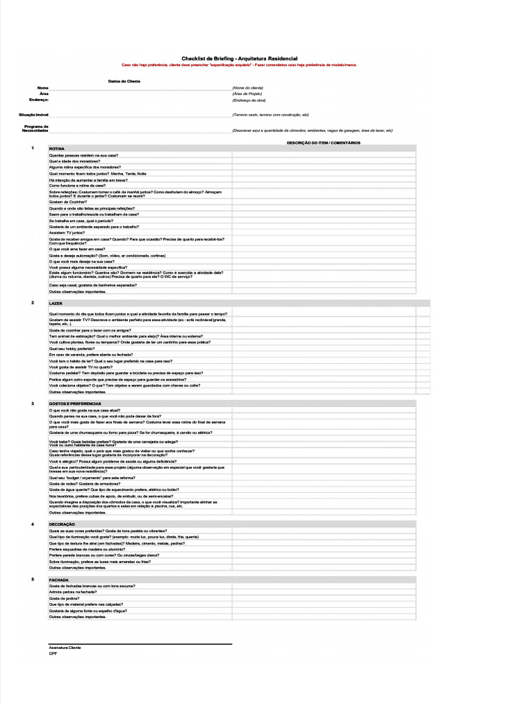 Checklist Briefing Arq Camila Cirino | PDF