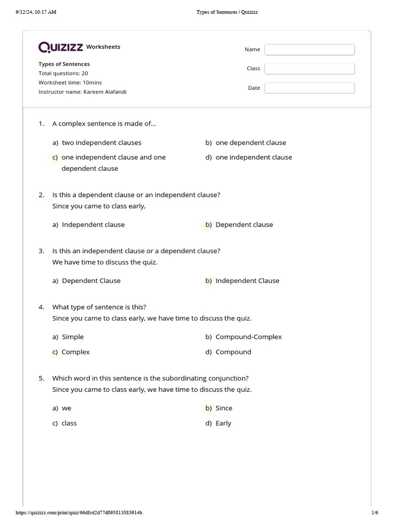 Types+of+Sentences+ +quizizz | PDF