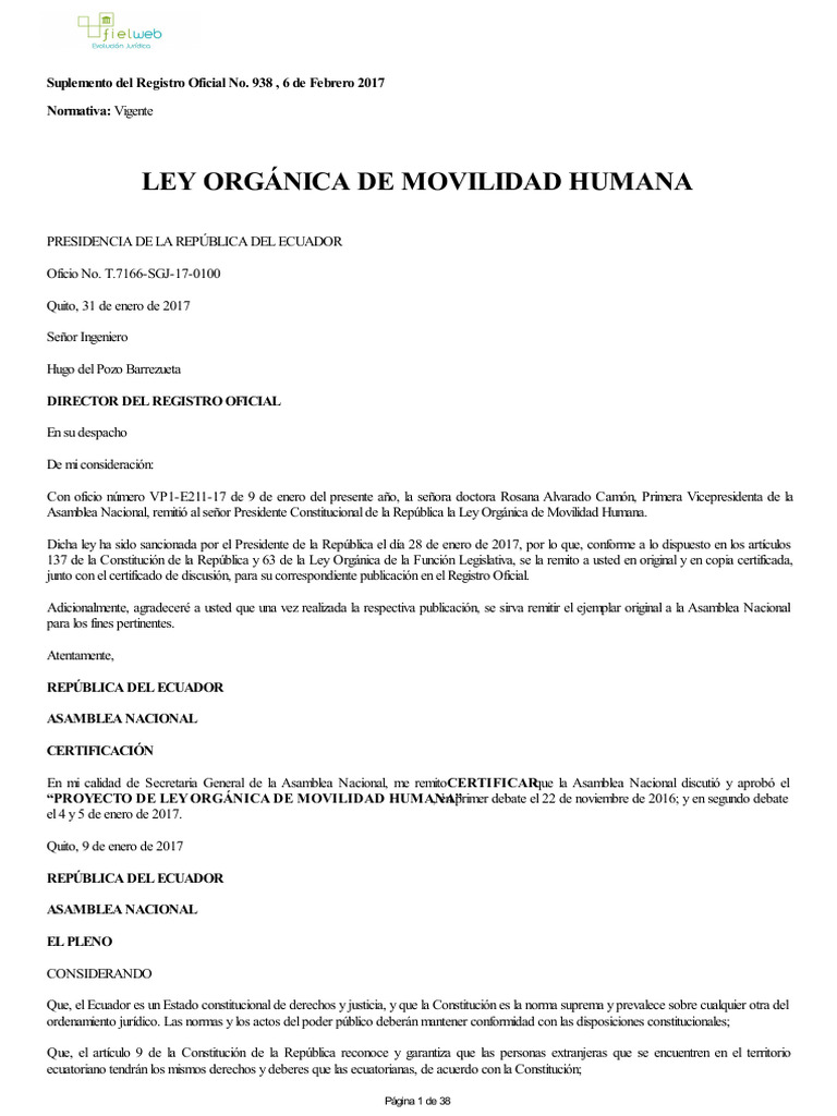 2021.05.14 Ley Organica de Movilidad Humana - Lomh | PDF