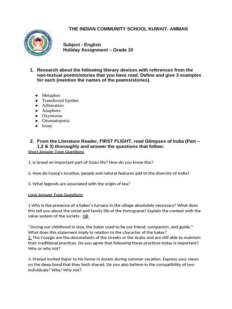 English Holiday Assignment - Class 10 | PDF