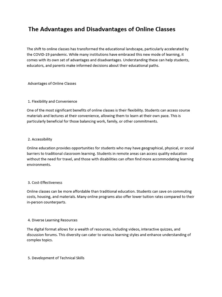The Advantages and Disadvantages of Online Classes | PDF