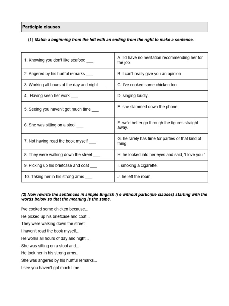 2 Participle Clauses Worksheets&Key | PDF
