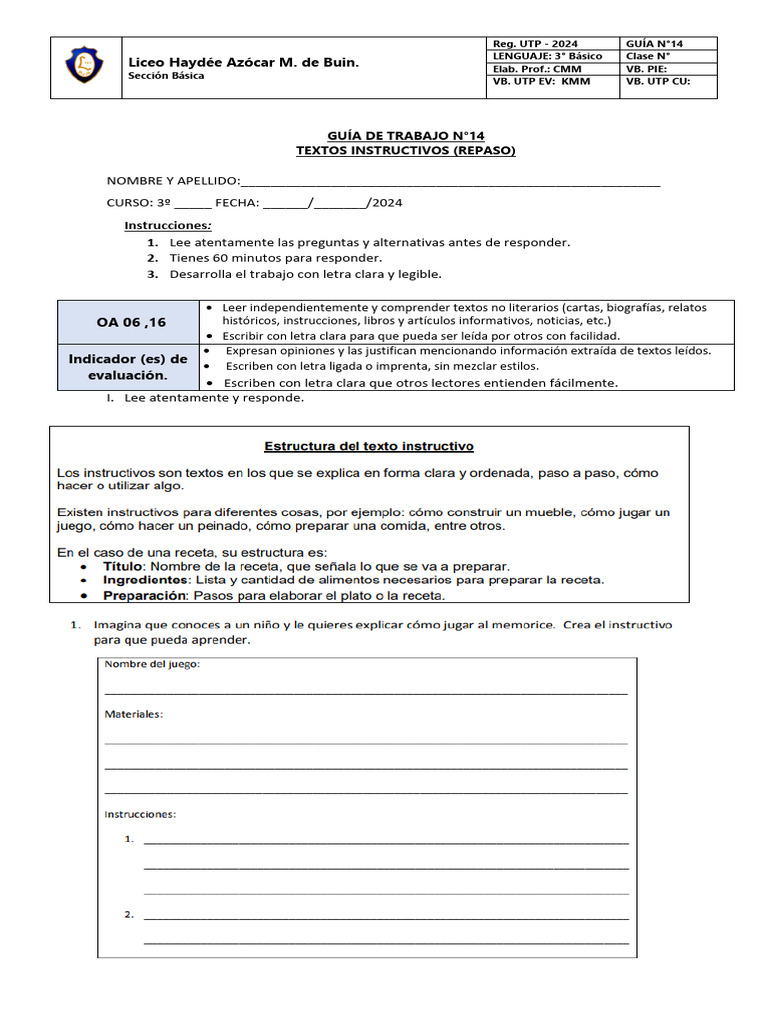 Guía de Trabajo N°14 Textos Instructivos - Repaso | PDF