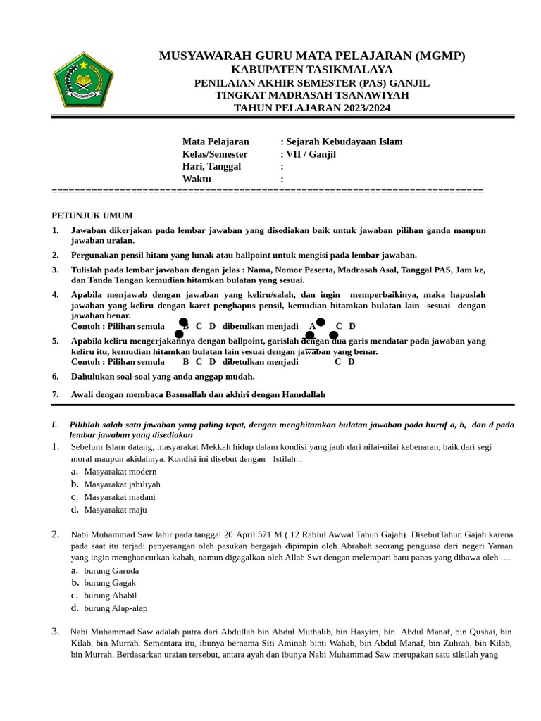 8 Soal PAS SKI Kelas 7 2023 | PDF
