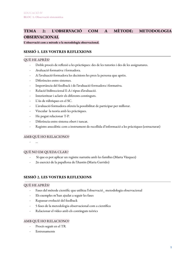Educació IV - TEMA 2 L'OBSERVACIÓ COM A MÈTODE - METODOLOGIA OBSERVACIONAL | PDF
