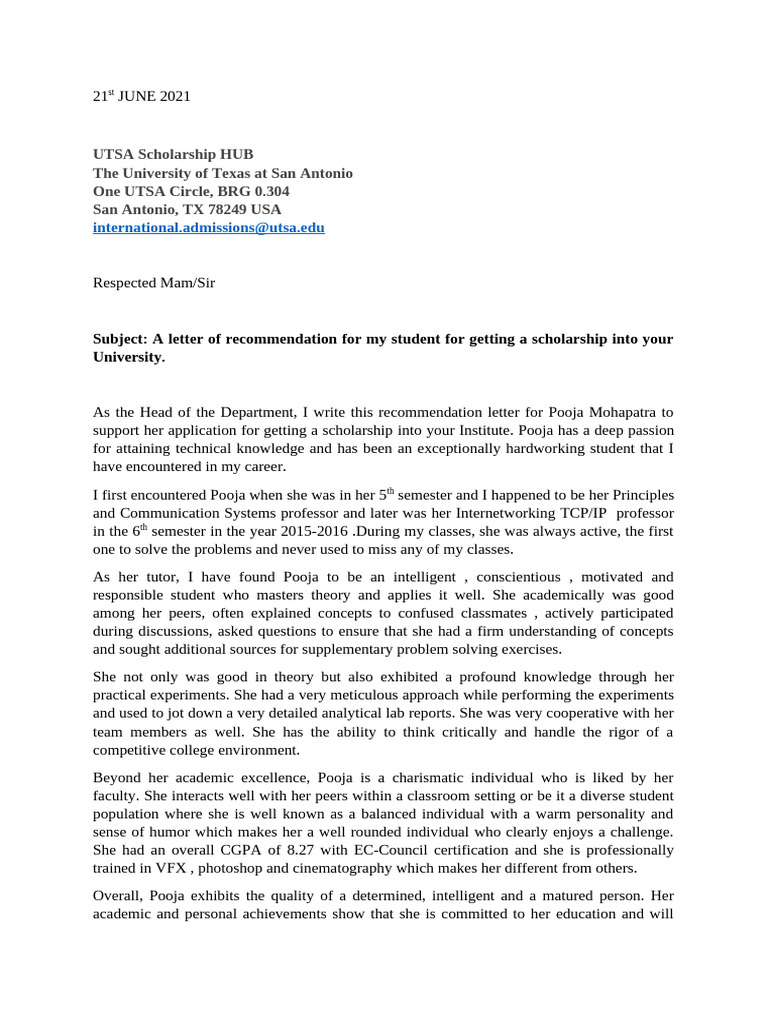 Bagga Mam LOR - Scholarship UTSA | PDF