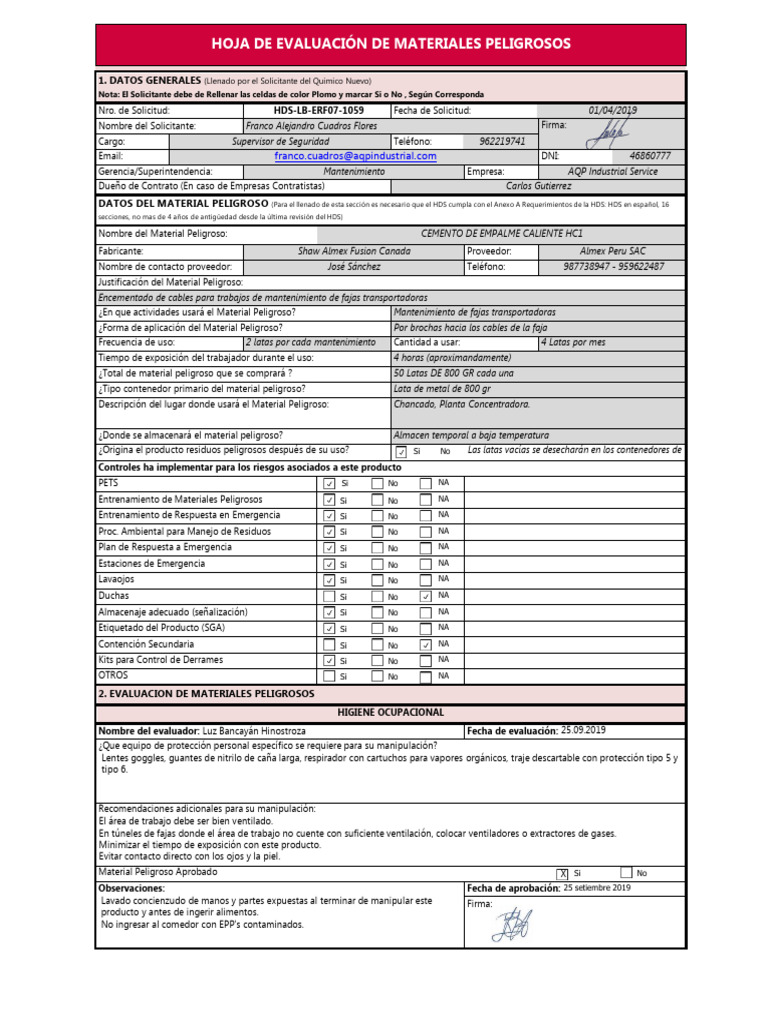 HDS-LB-ERF07-1059 - Aprobado HOJA DE EVALUACIÓN DE MATPEL CEMENTO DE ...