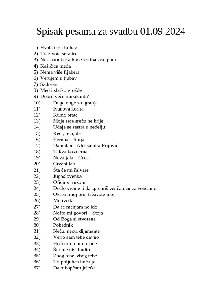 Spisak Pesama Za Svadbu 01 | PDF
