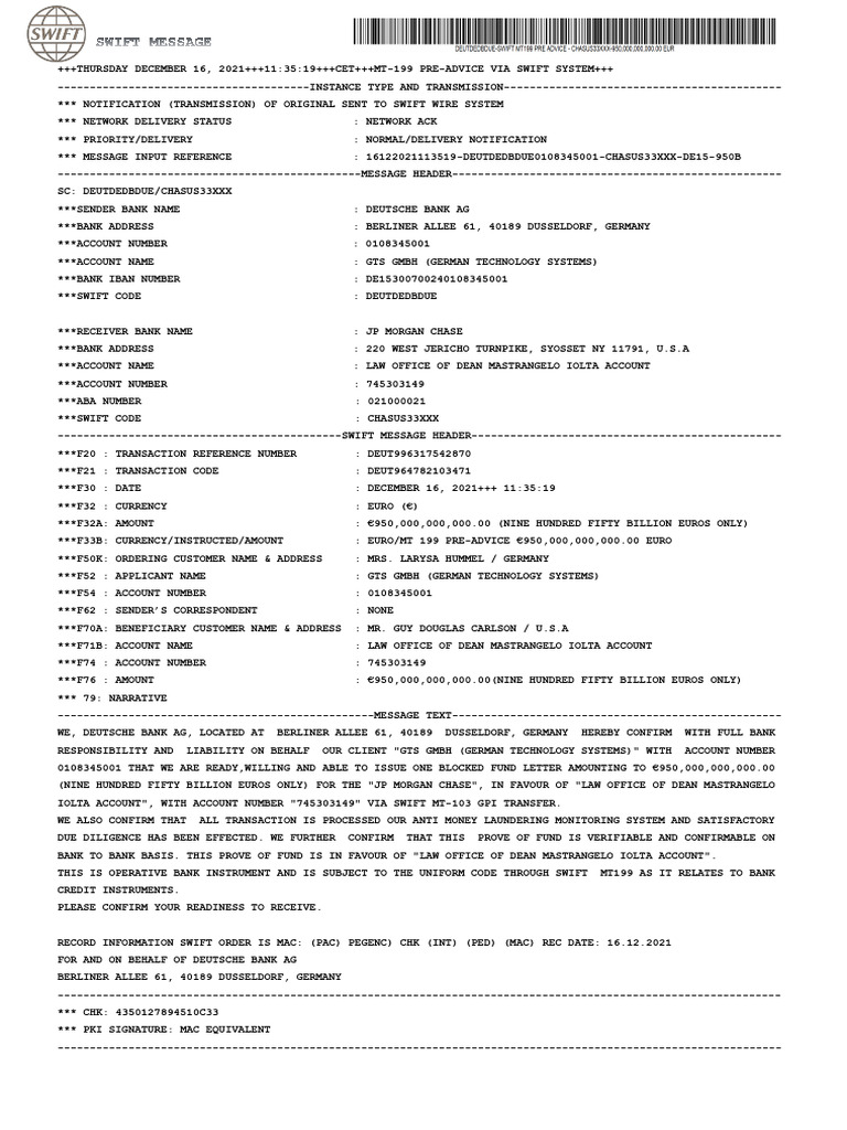 16.12.2021-950b-Swift MT199 Pre Advice - GTS Gmbh-Law Office of Dean Mastrangelo Iolta Account | PDF