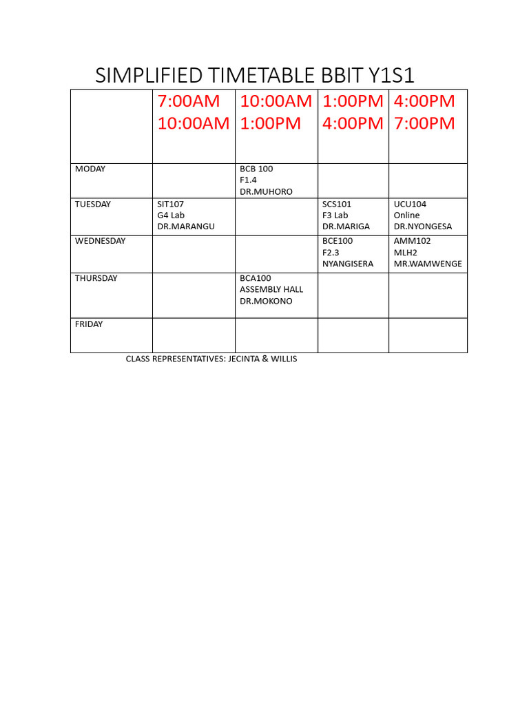 Simplified Timetable Bbit y1s1 | PDF