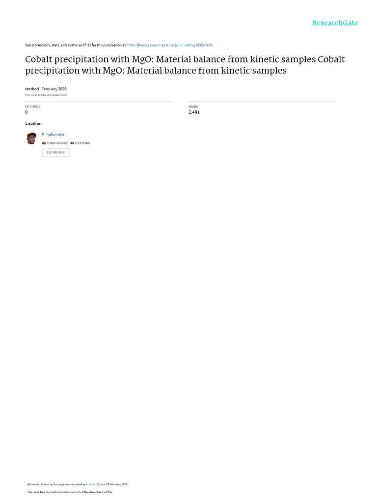 Cobalt Precipitation With Mgo: Material Balance From Kinetic Samples ...