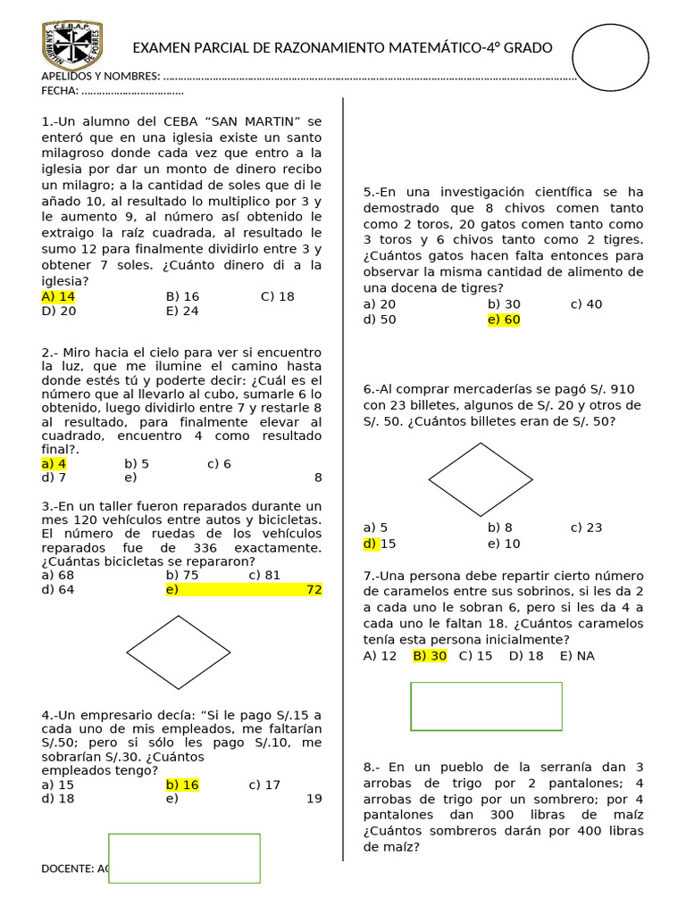 Examen Parcial-Raz - Mat-4to - Sol | PDF
