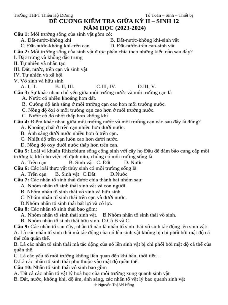 ĐỀ CƯƠNG GK 2 SINH 12 THPT THIÊN HỘ DƯƠNG (Không Đáp Án) | PDF