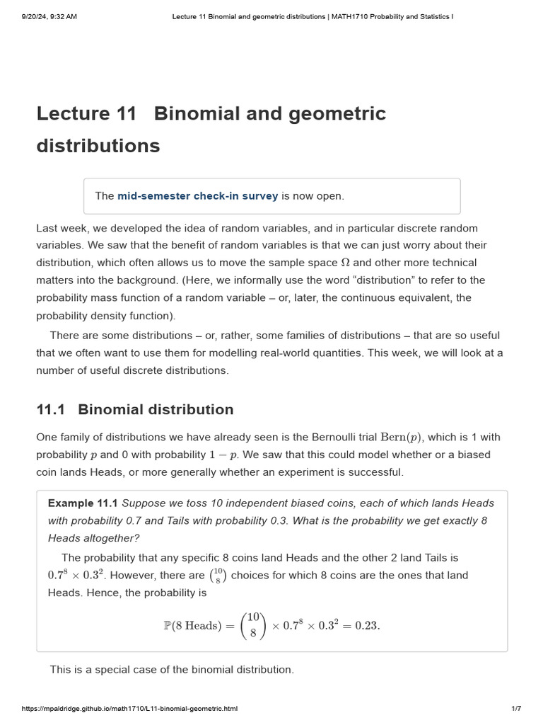 Lecture 11 Binomial and Geometric Distributions - MATH1710 Probability ...