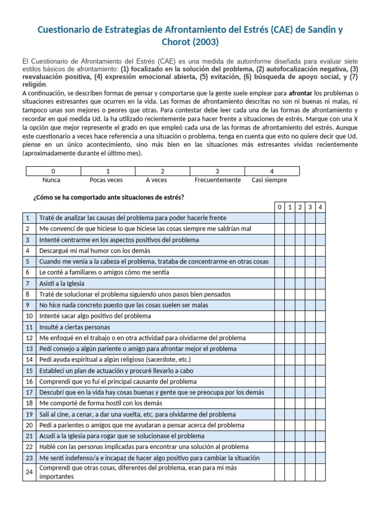 Cuestionario de Estrategias de Afrontamiento Del Estrés (CAE) de Sandin ...