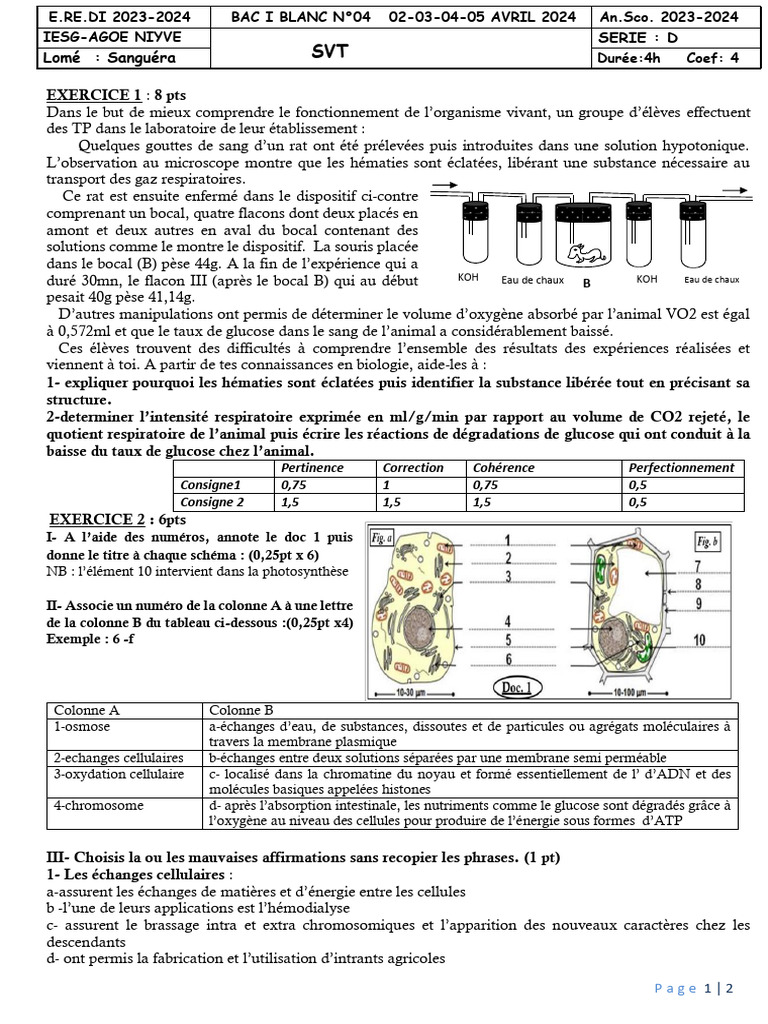 SVT 1ère D DST N°2 2SEM EREDI23-24 | PDF