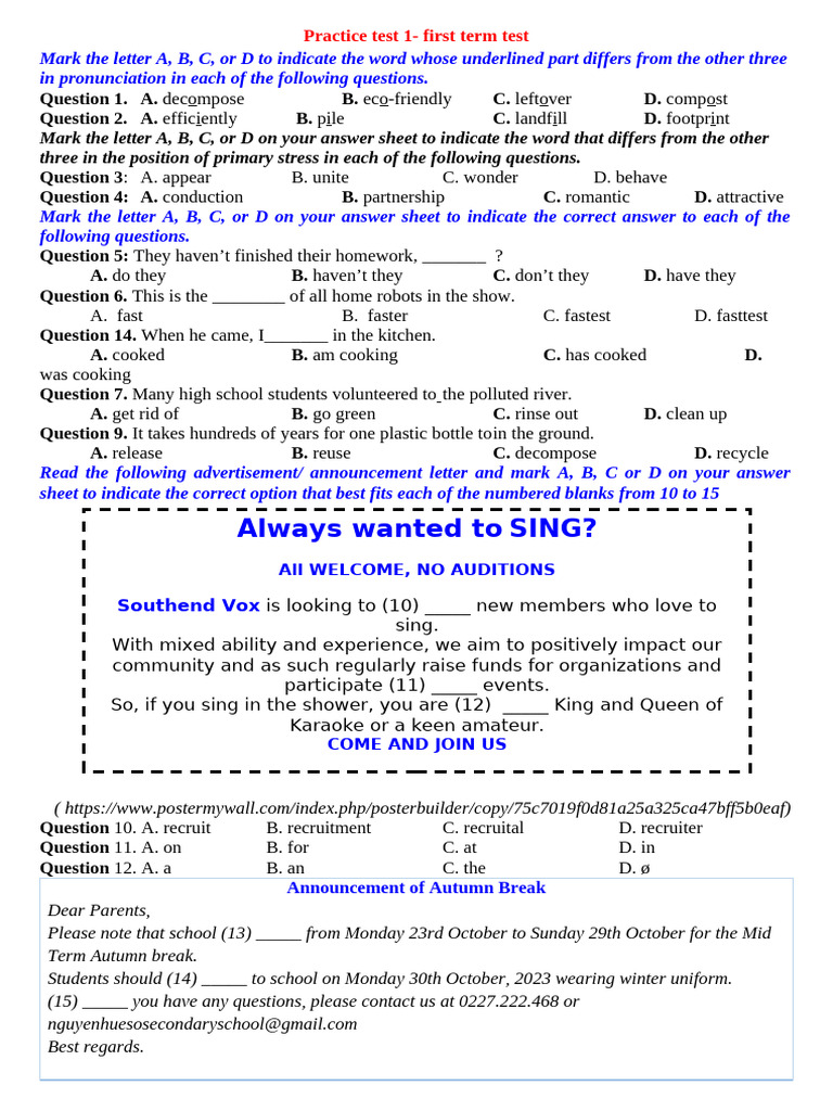 HS Grade 12 Practice Test 1 (First Term) | PDF