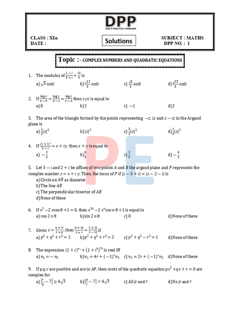 DPP COMPLEX-NUMBERS-AND-QUADRATIC-EQUATIONS | PDF
