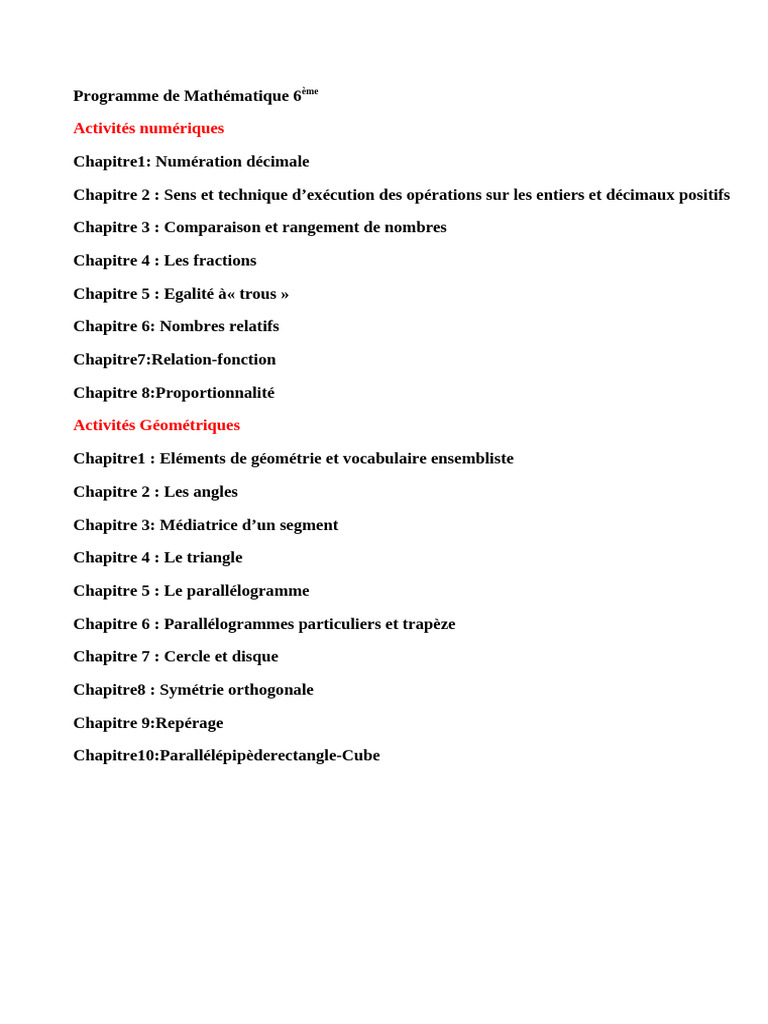 Programme de Mathématique 6ème | PDF