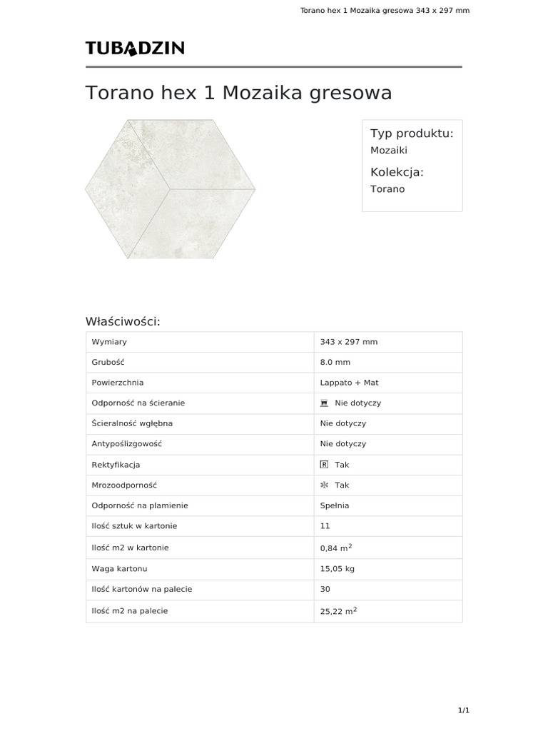 Karta Produktu - Tubadzin - Torano Hex 1 - Mozaika Gresowa | PDF